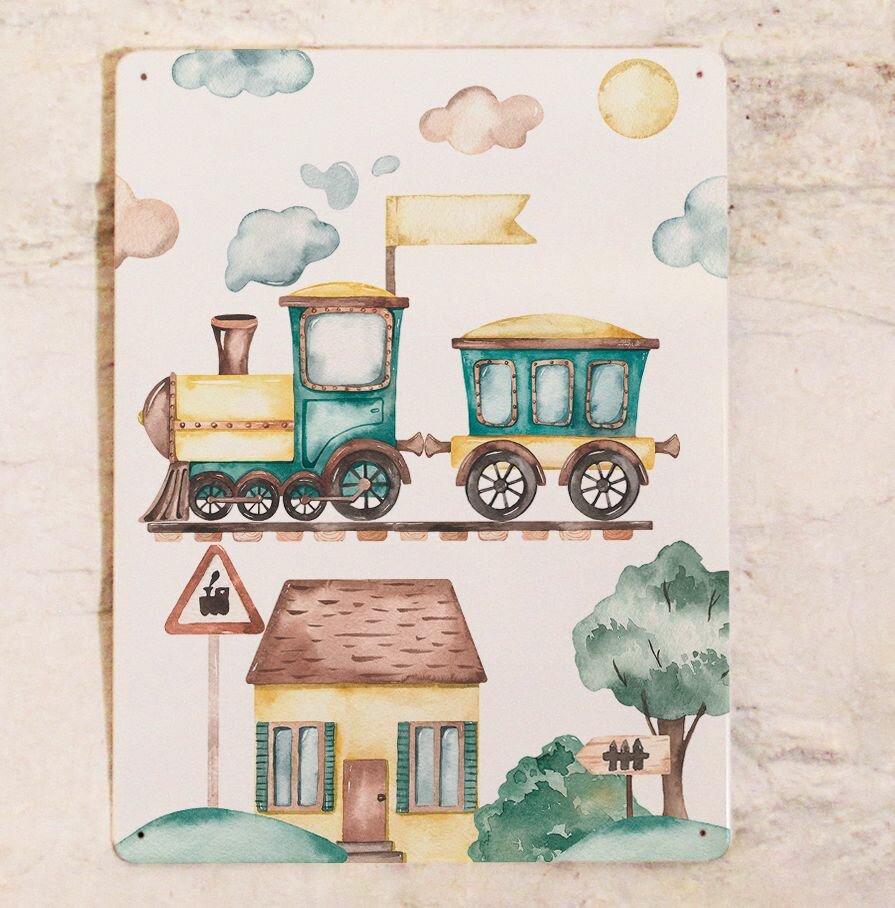 Металлическая табличка на стену детской комнаты Паровоз, для мальчиков, металл, 20х30 см.