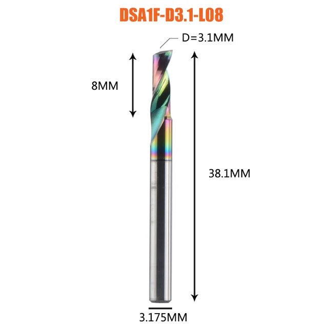 Dreanique однозаходная фреза по алюминию (3.175x8x38x3.175 покрытие DLC) DSA1F-D3.1-L08 39804