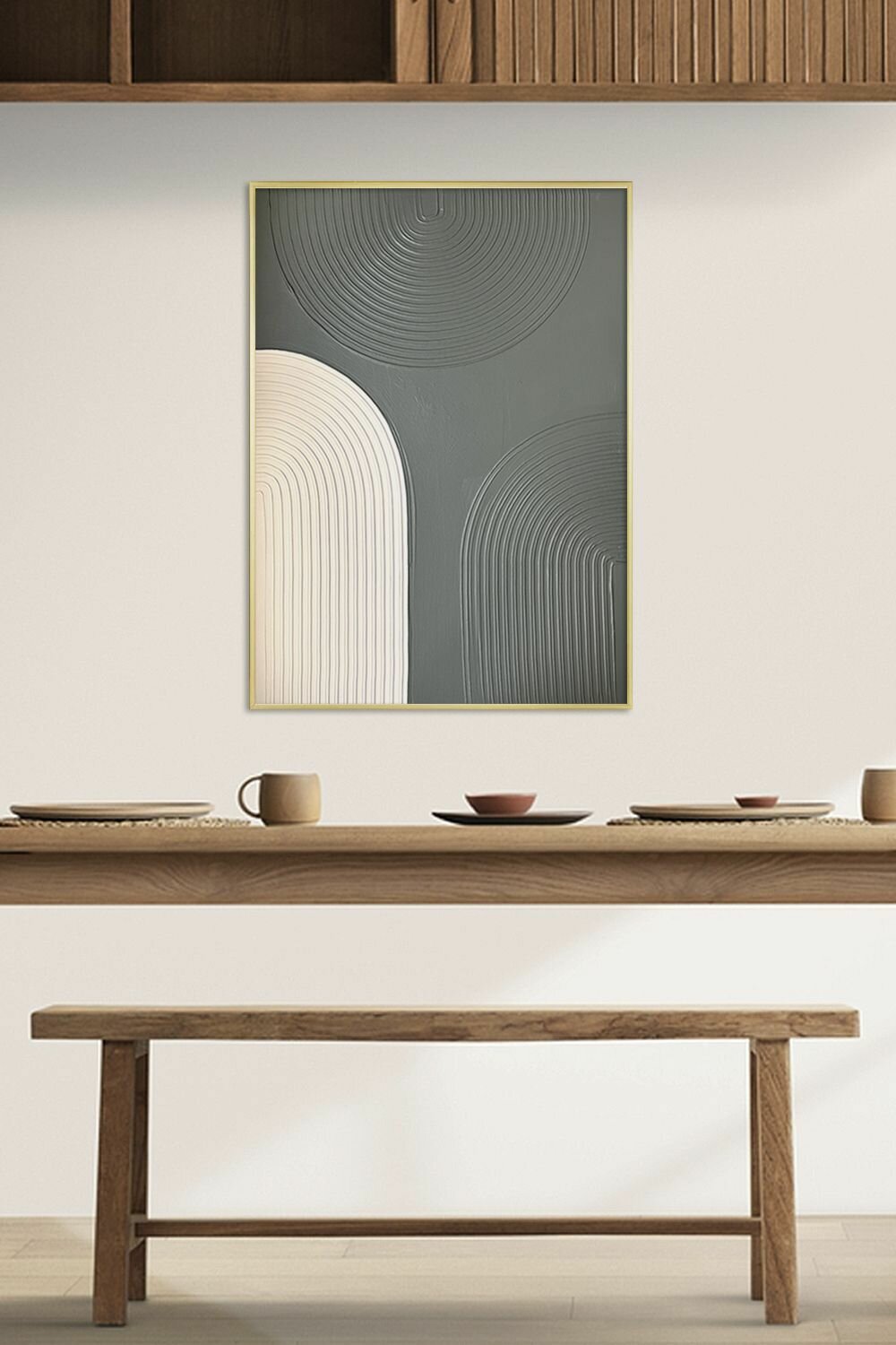 Картина на стену из гипса ручной работы DECORMARKT Бежевая арка на зеленом, 50х70 см, в золотой рамке