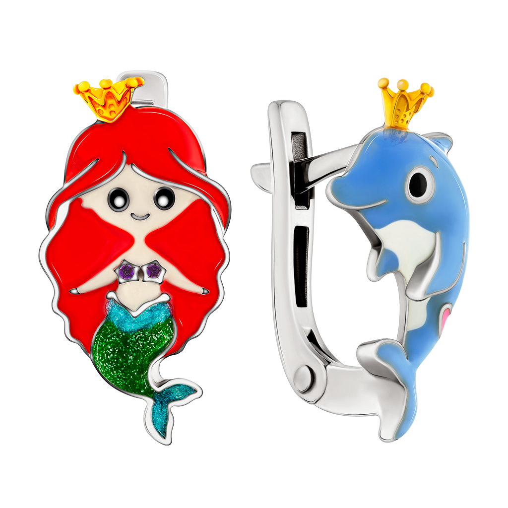 Серьги непарные, серебро, 925 проба, родирование, эмаль