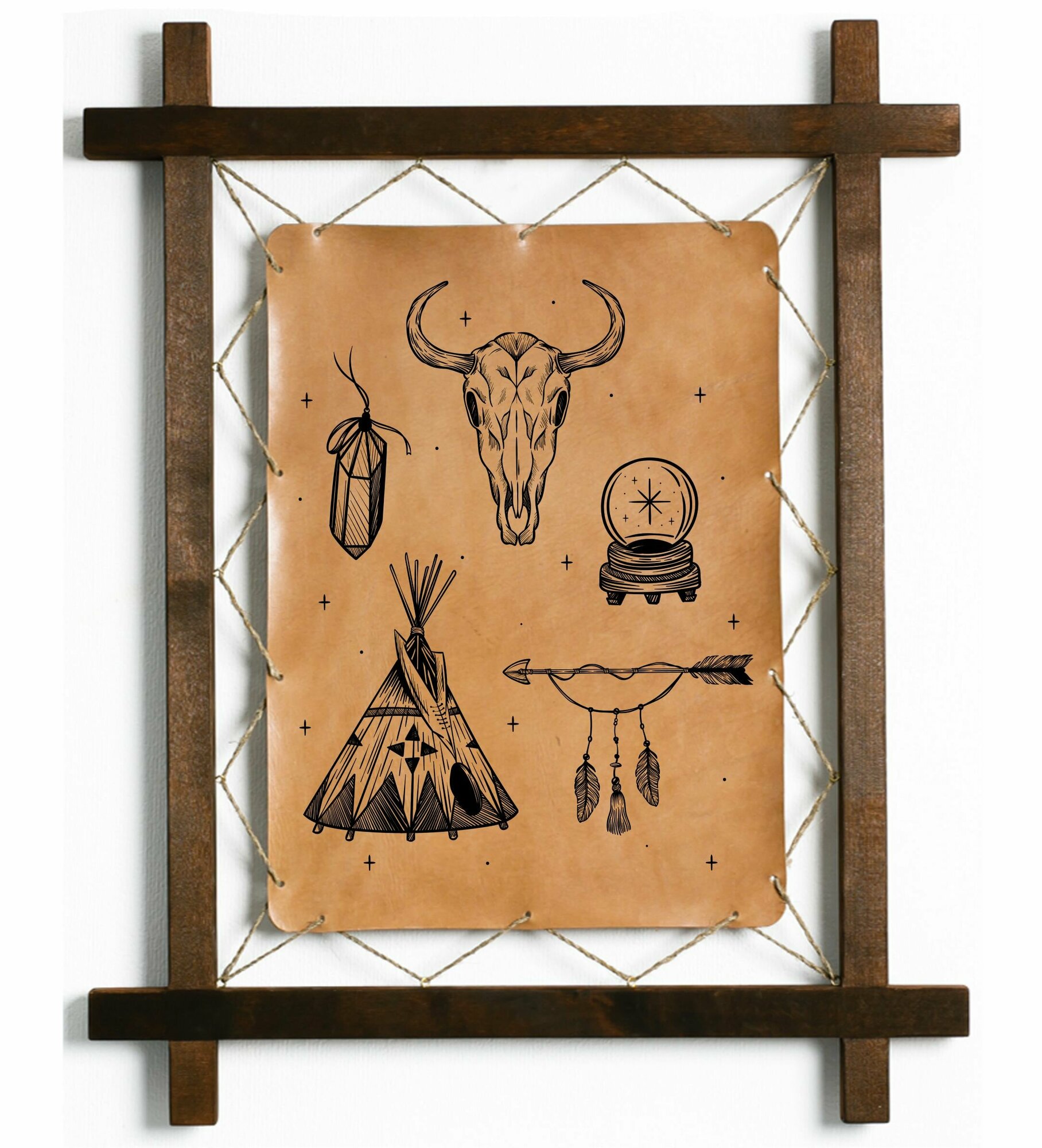 Картина интерьерная, натуральная кожа, "Индейская тематика", в деревянной раме, BoomGift