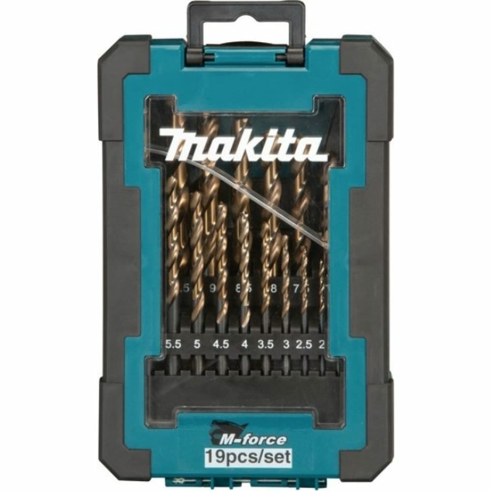 Набор сверл M-force (19 шт; 1-10 мм; шаг 0.5 мм) Makita D-67583 спиральный тип с цилиндрическим хвостовиком HSS‑G стали