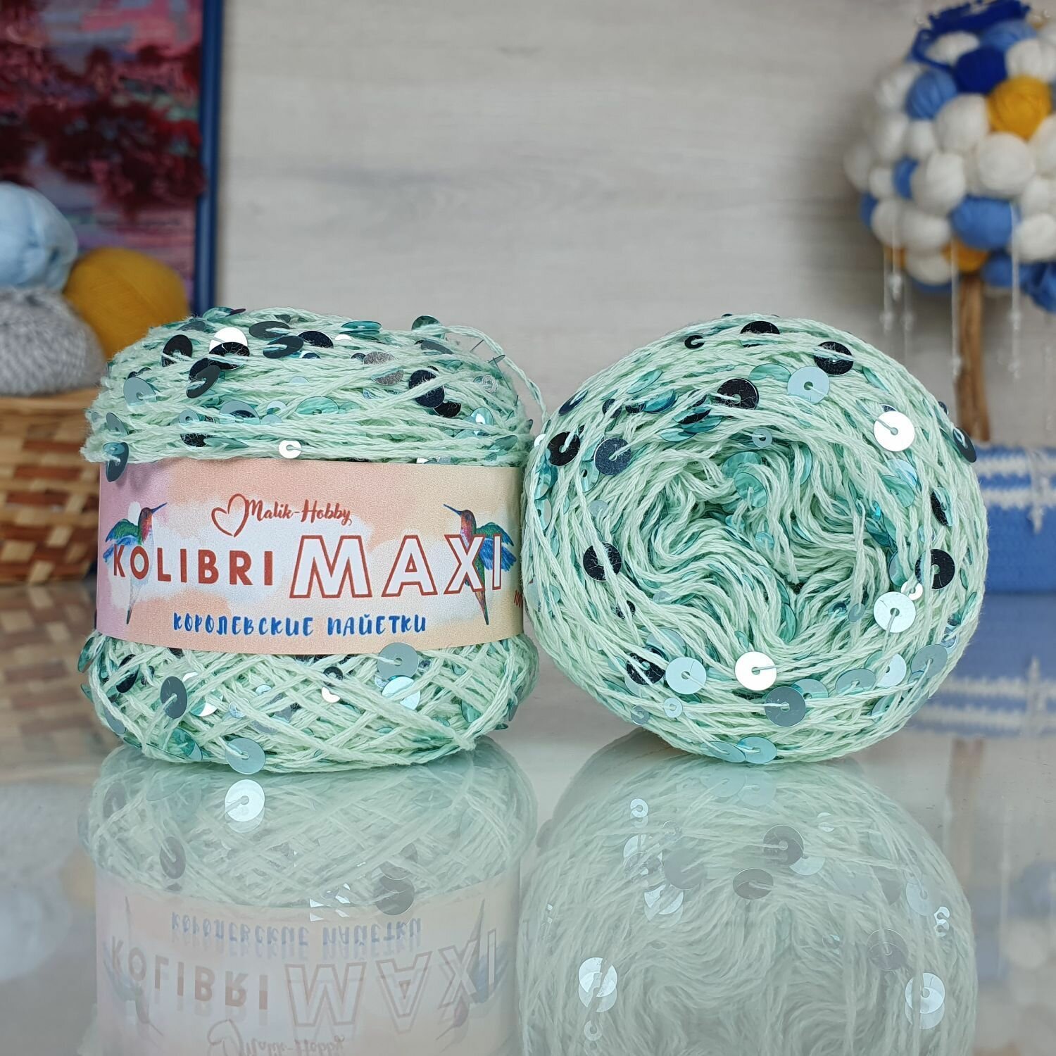 Пряжа MALIK HOBBY Колибри макси королевские пайетки, св. мята с мятными пайет. - 037, 100% хлопок, 1 моток, 50 г, 125 м.