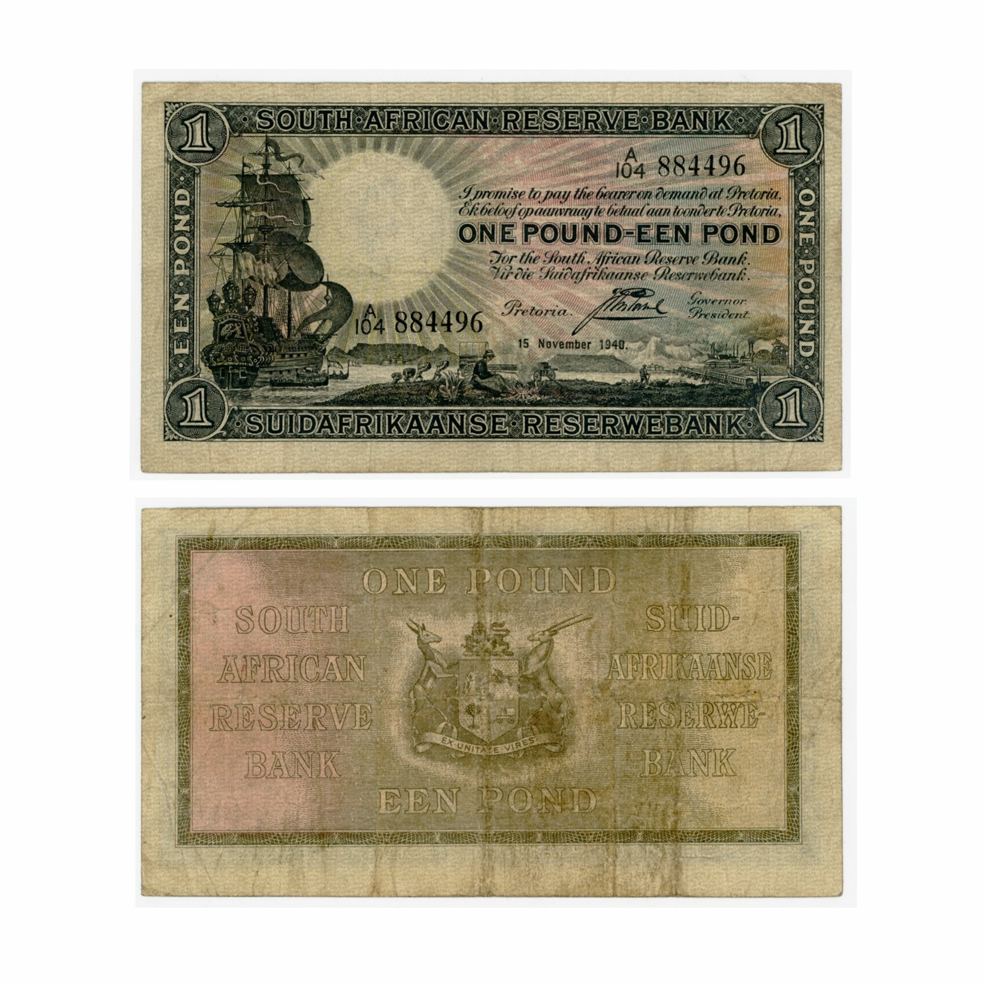 Банкнота Южная Африка 1 фунт ONE POUND-EEN POUND 1940 Fine (F) Pick 84e