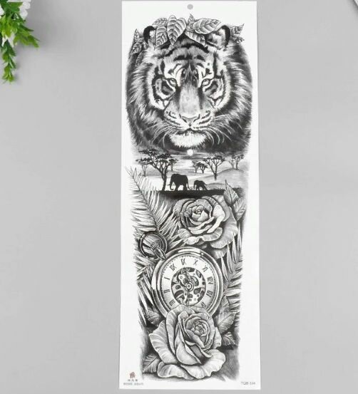 Татуировка на тело рукав черная Тигр и механические часы 48х17 см