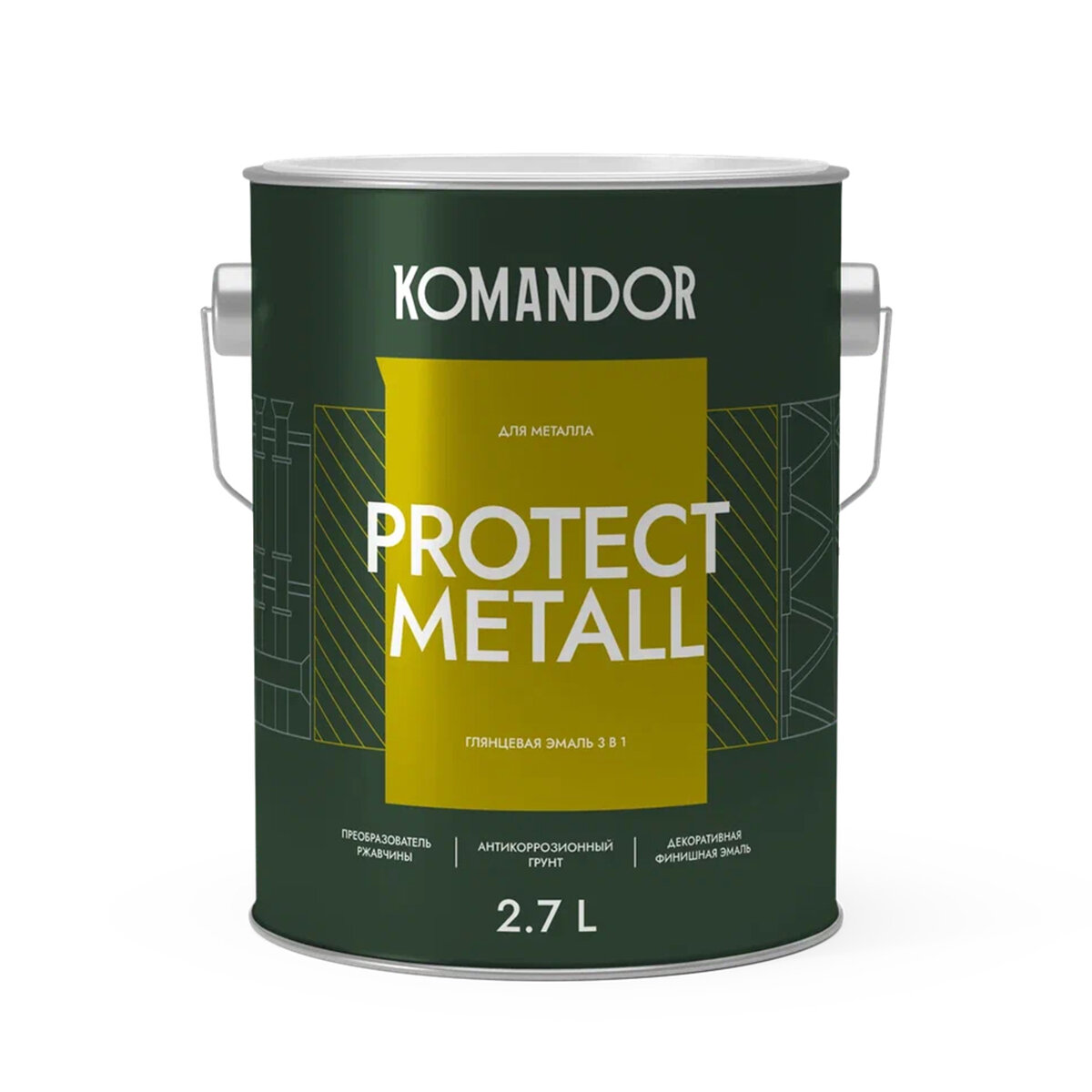 Грунт-эмаль Komandor Protect Metall, по ржавчине, 3в1, глянцевая, база А, 2.7 л