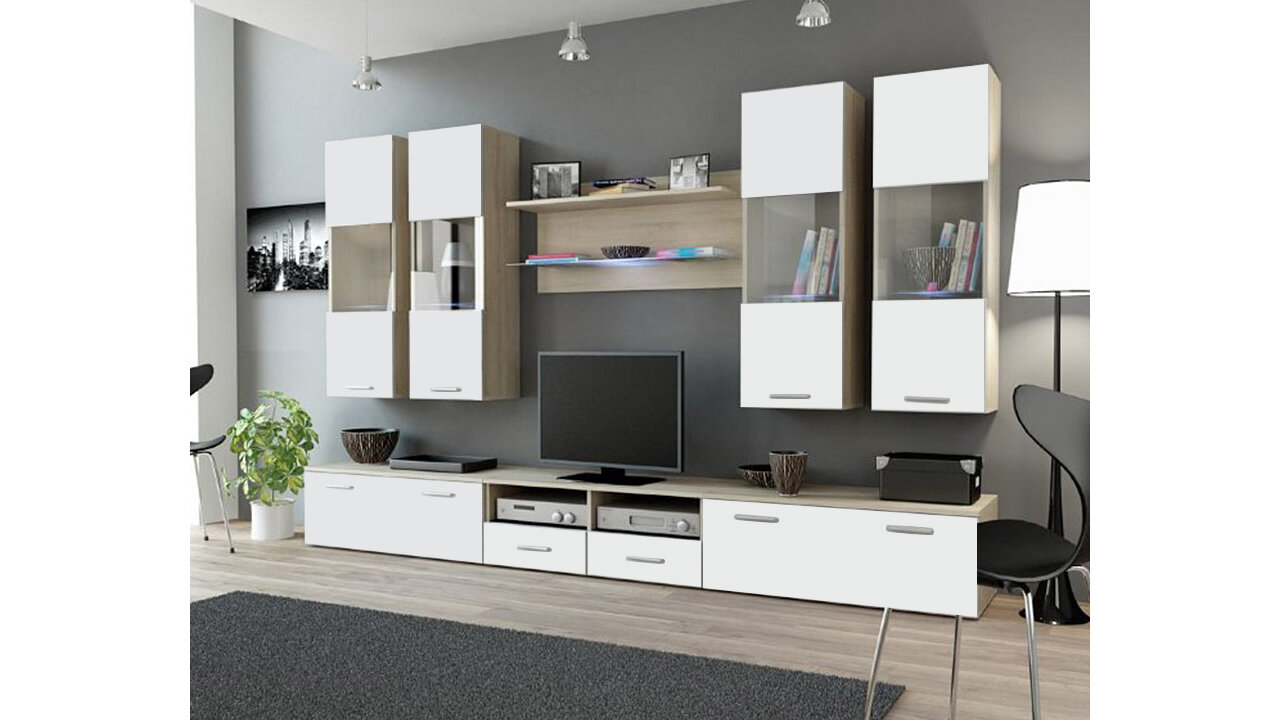 Гостиная Дрим Белый Фасадный 0101 / Дуб Молочный 8622 NEW 300x45x180 см, белый фасадный, дуб молочный GOODFORM