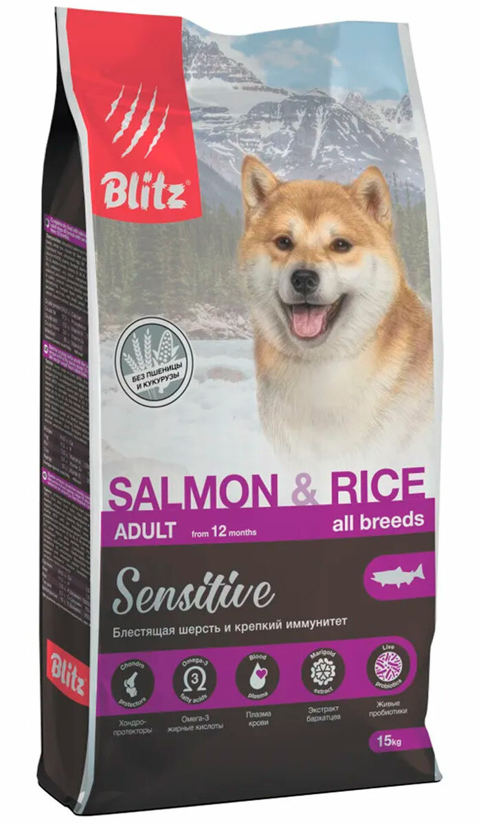 BLITZ SENSITIVE ADULT ALL BREEDS SALMON & RICE для взрослых собак всех пород с лососем и рисом 15 кг