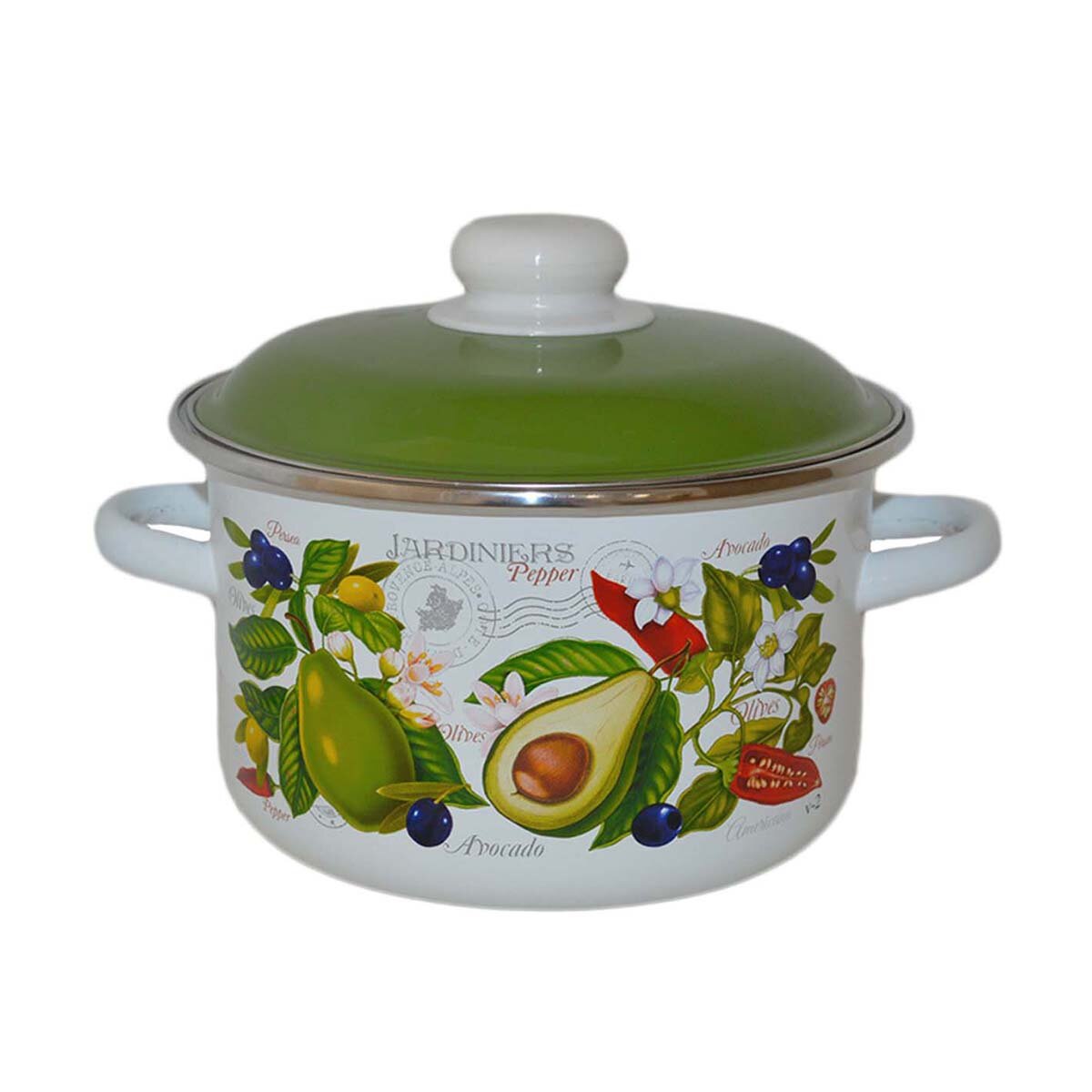Кастрюля эмалированная СтальЭмаль Авокадо с крышкой, 3 л, белый/фисташковый