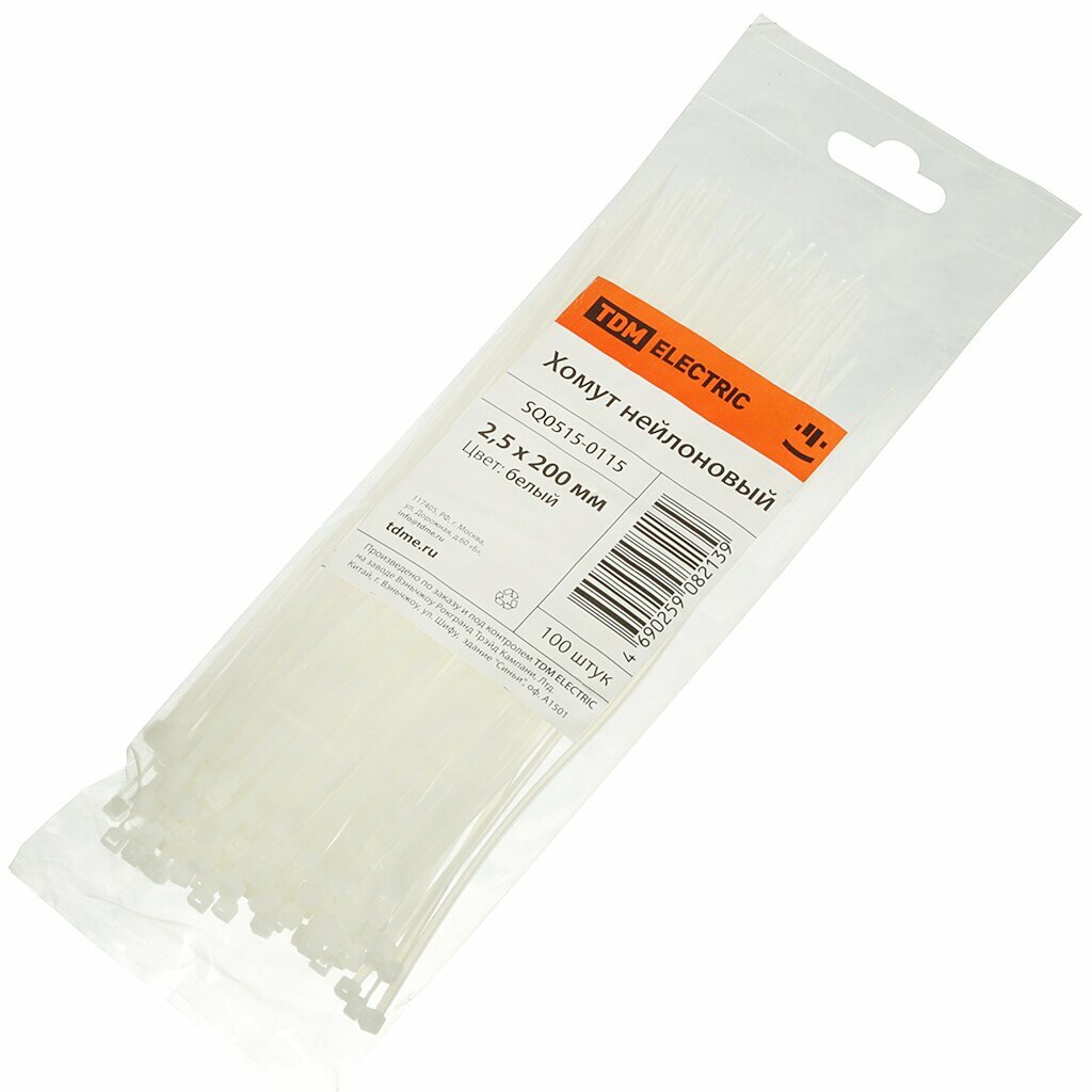 Хомут стяжной кабельный, 2.5х200 мм, нейлон, 100 шт, белый, TDM Electric, SQ0515-0115
