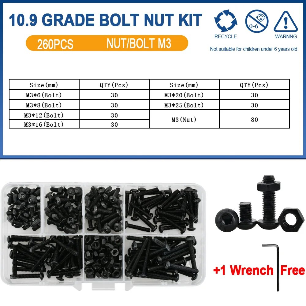 Набор крепежа M3 260шт, болты и гайки 10.9 Grade