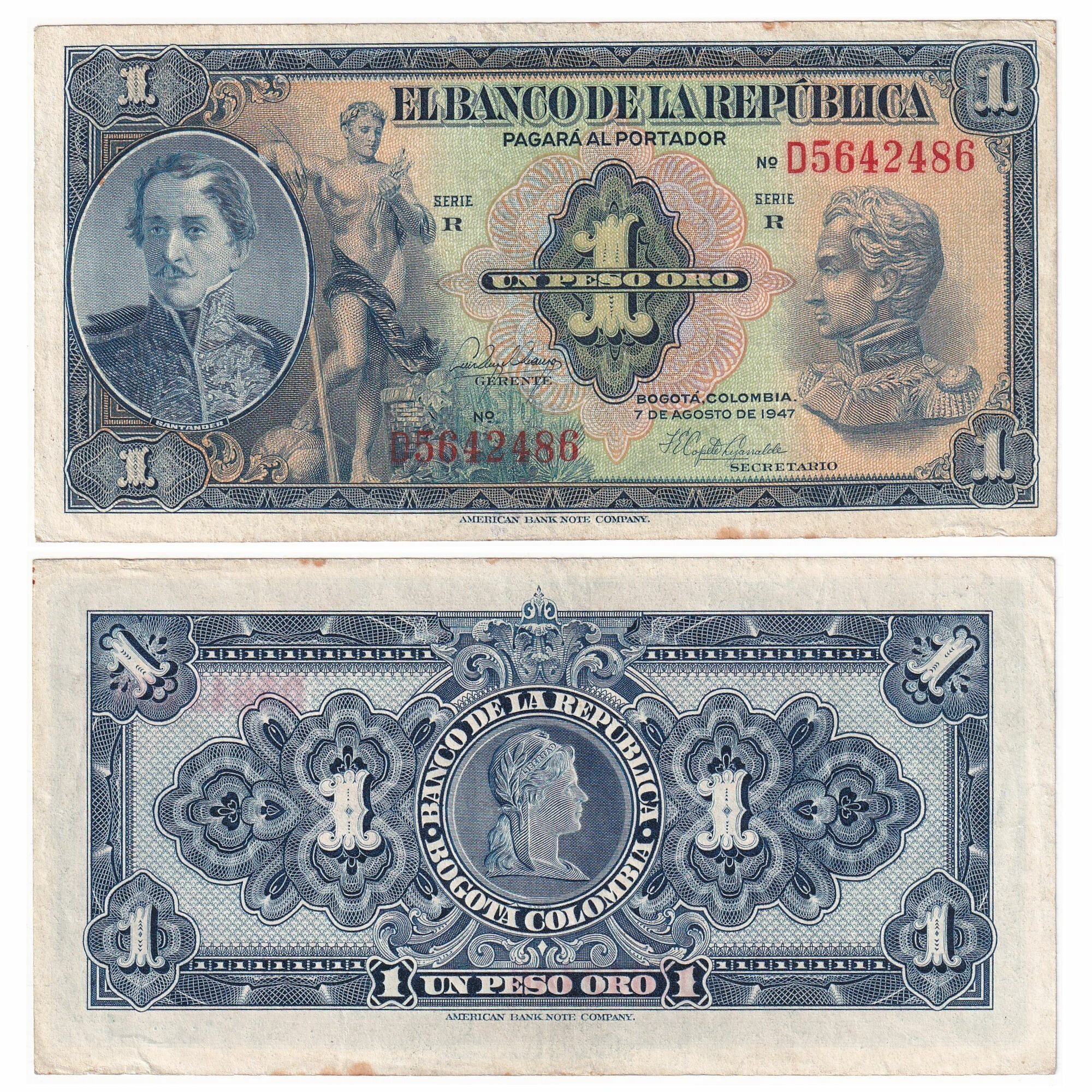 Банкнота Колумбия 1 песо 1947 год Very Fine (VF) Pick-380e