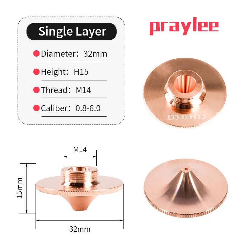 Лазерное сопло Single Layer D32 H15 M14, Калибр 1.5mm, 10шт