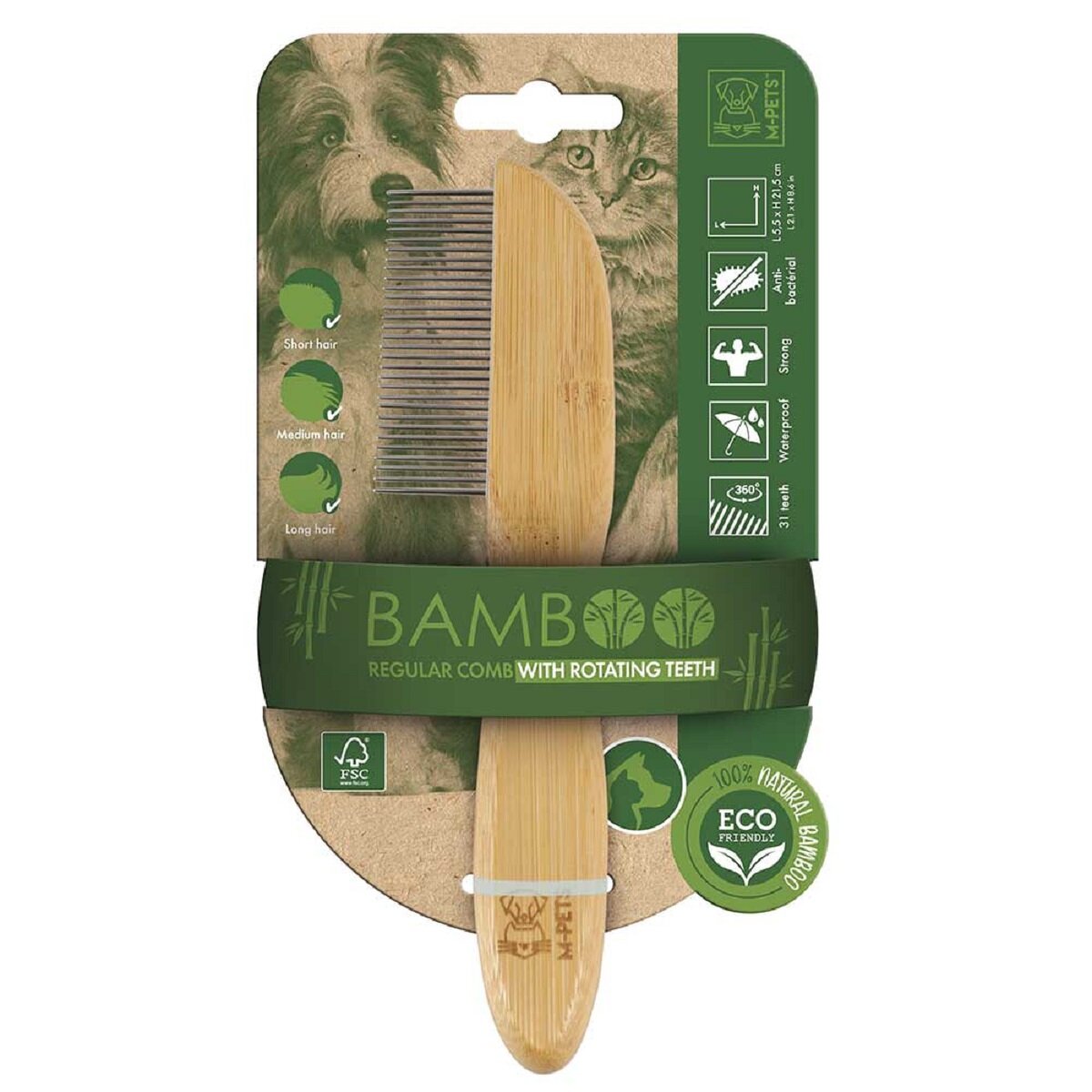 M-PETS Бамбуковая расчёска с вращающимся зубьями, 31 зуб, 5,5 x 21,5 см
