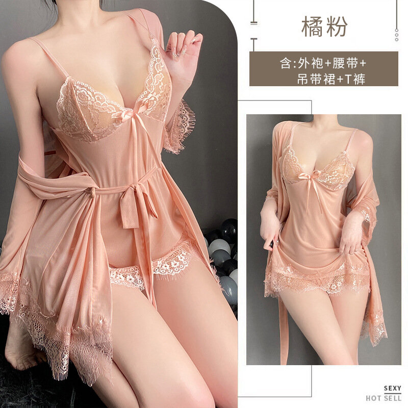 Сексуальное нижнее белье, сексуальная однотонная кружевная юбка на подтяжках, домашний костюм из четырех предметов