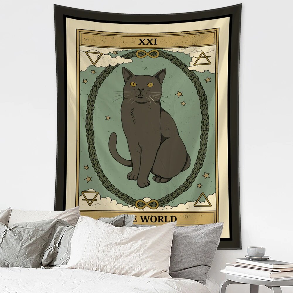 Гобелен "Кот Таро", 95x70см, Темно-зеленый