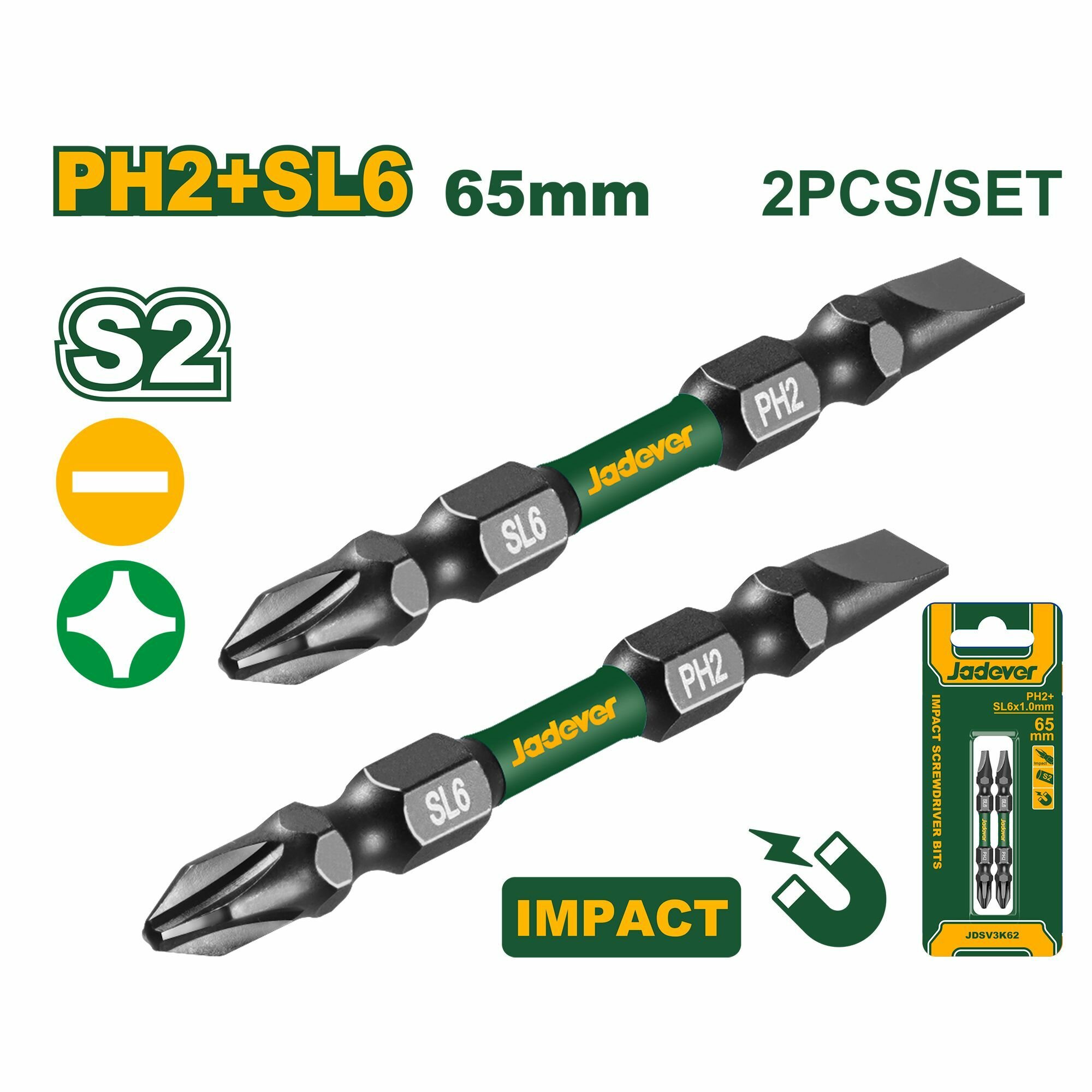 Набор бит (PH2+SL6*65мм) 2 шт ударные JADEVER JDSV3K63