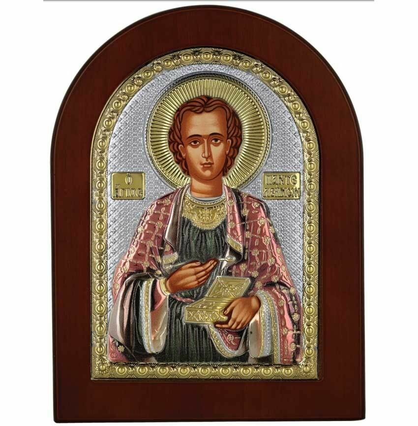 Святой Пантелеймон Целитель. Икона в серебряном окладе. (10 x 14 см / Цветной защитный лак. Позолота на окладе. / 14 см)