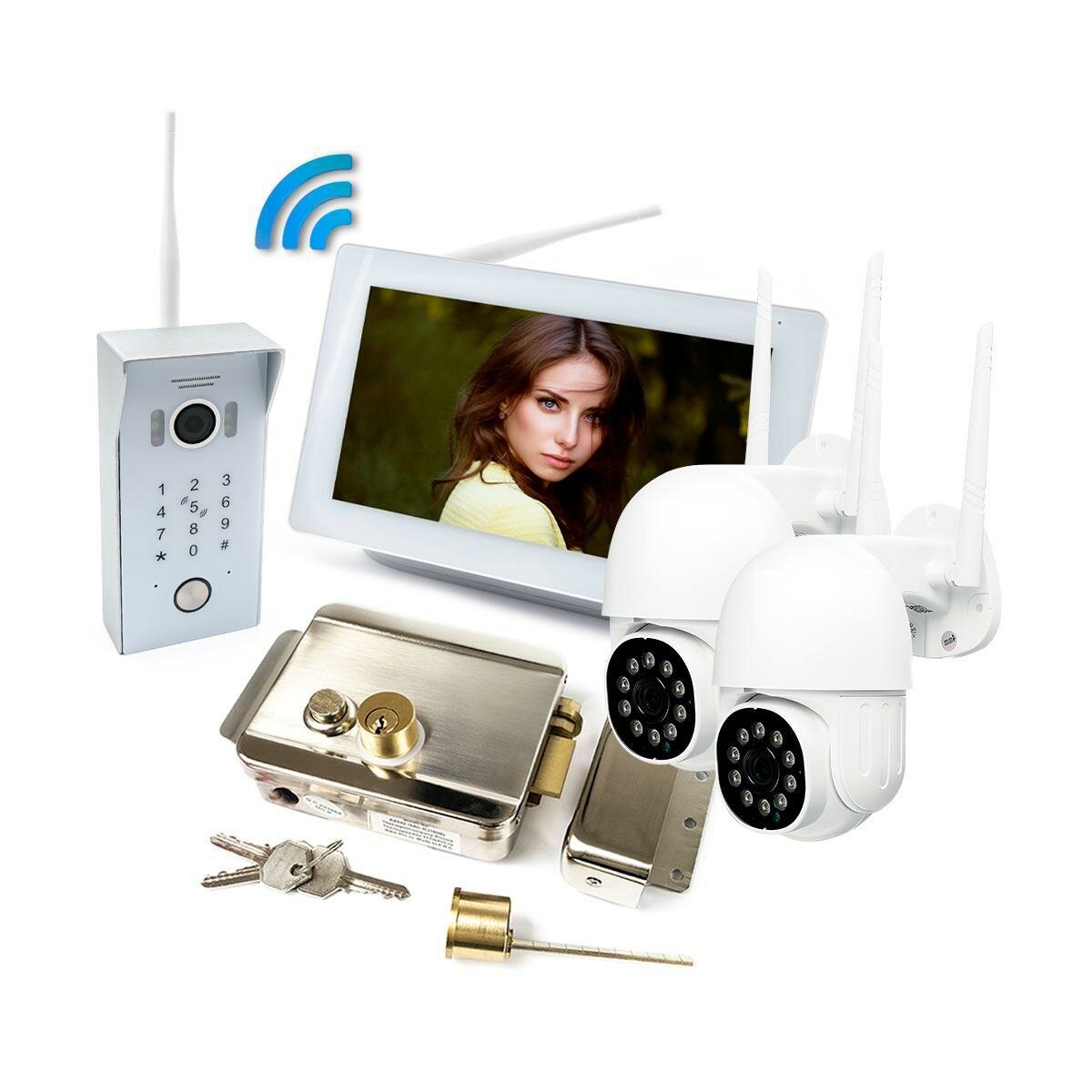 Беспроводной домофон TUYA и электромеханический замок AX042 - Sky-Net 700-Tuya (1+2+AX042)-2.4G ДВЕ уличные 5mp Wi-Fi IP камеры видеонаблюдения, радио