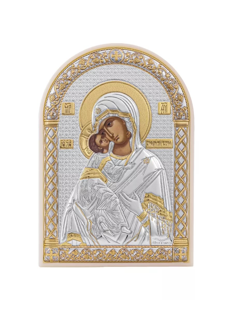 Икона серебряная, греческая Владимирская БМ, 62х88мм.