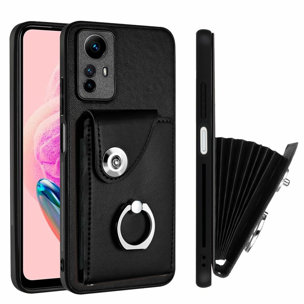 Кожаный чехол для Xiaomi Redmi Note 12S 4G( Сяоми Редми Ноут 12S 4г) с кнопкой, бумажником, визитницей и коротким ремешком