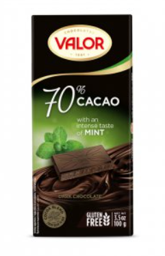 Шоколад VALOR горький, содержит 70% какао-массы, с мятой 100 г.