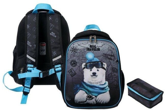 Рюкзак каркасный 35 х 27 х 13 см, EVA-материал, с термосумкой, Hatber Ergonomic Mini, Bear travel, чёрный/серый/белый