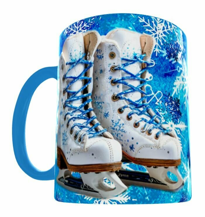Кружка небесно голубая Коньки, Фигурное катание, Авторский бокал, Ручная работа, Коллекционная 330 мл