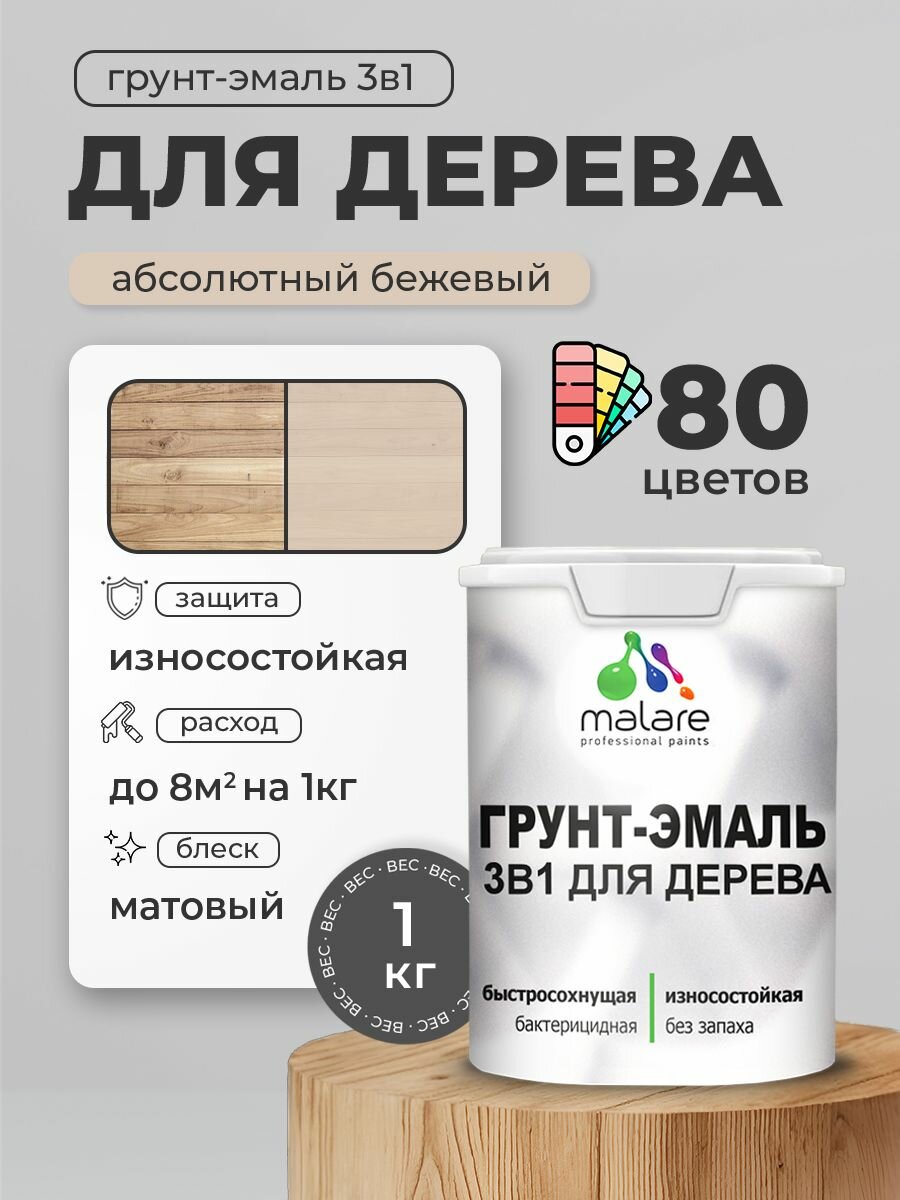 Акриловая Грунт-Эмаль 3 в 1 Malare для деревянных поверхностей/ краска по дереву с антисептическим эффектом/ быстросохнущая моющаяся без запаха матовая, абсолютный бежевый, 1 кг