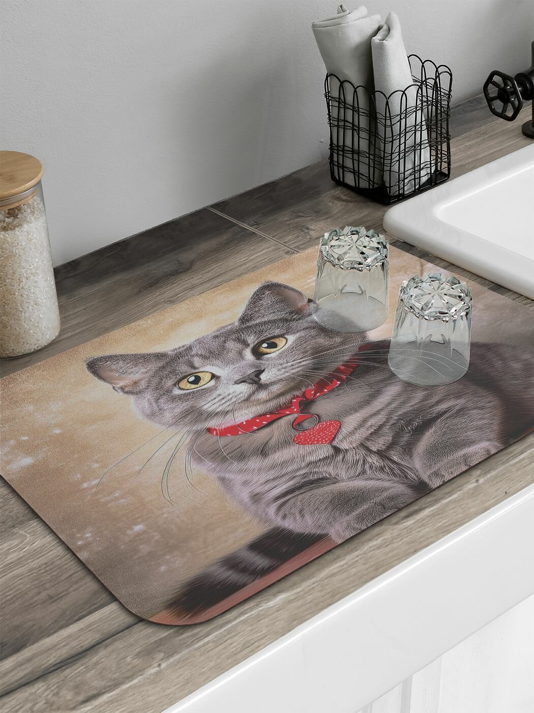 Коврик для сушки посуды прямоугольный "Удивленный котик" 58x38 см, JoyArty