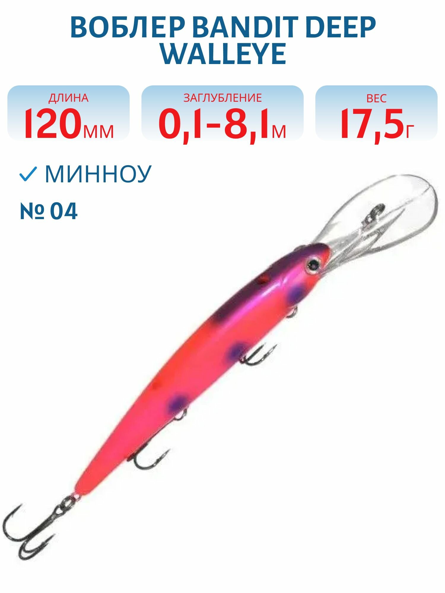 Воблер BANDIT DEEP WALLEYE, 120 мм, 17,5 гр, цвет 04