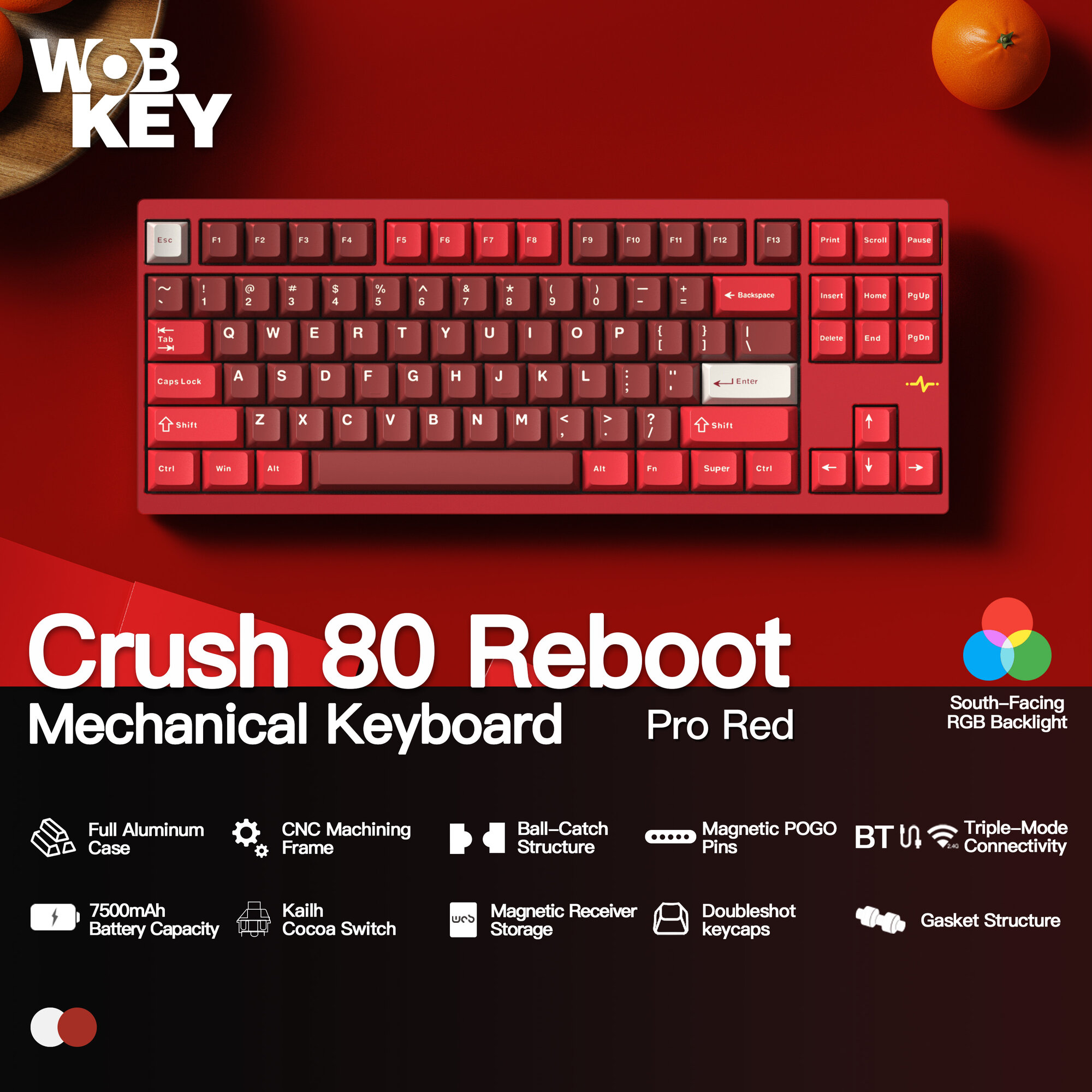 WOBKEY Crush80 Reboot механическая клавиатура с корпусом из CNC-обработанного алюминия, быстрой 5-секундной разборкой, тройным режимом подключения и улучшенной акустикой.
