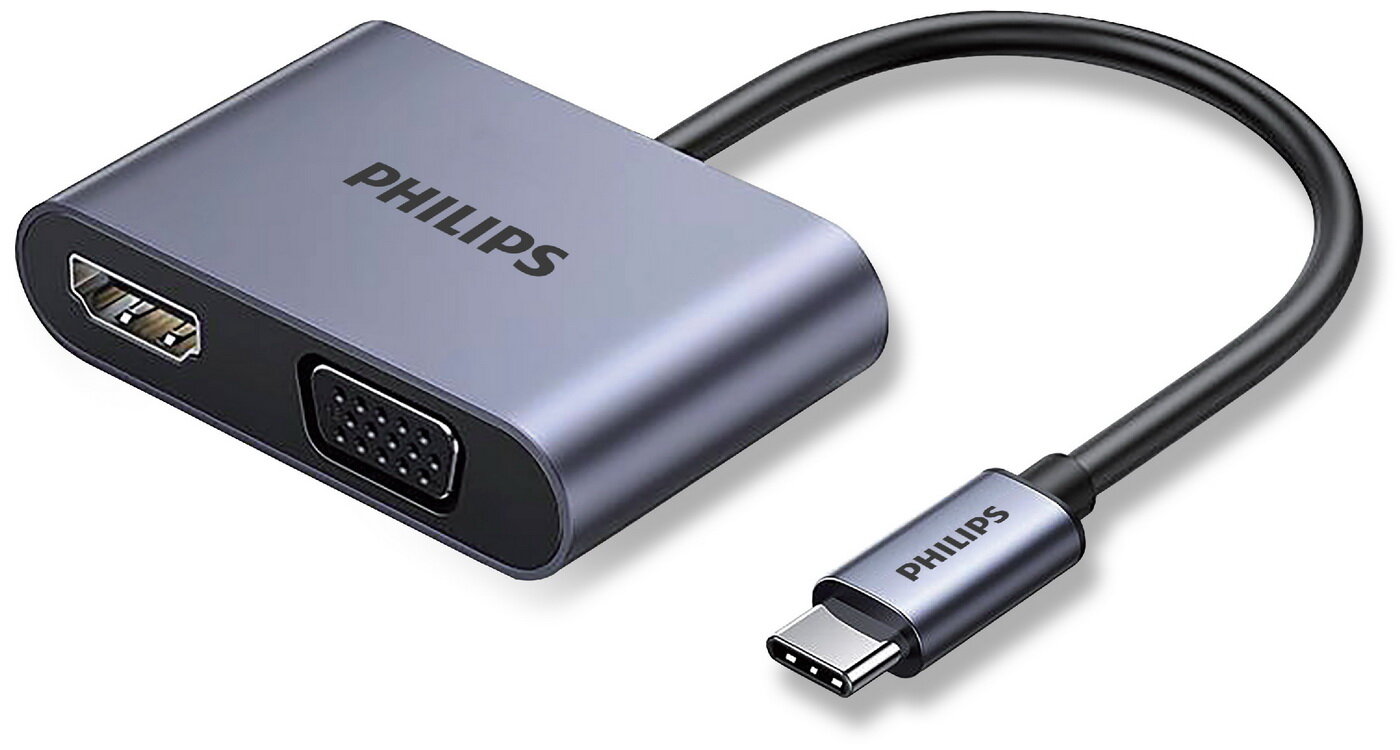 Адаптер-переxодник Philips USB С - HDMI+VGA, 2в1, длина кабеля 10 см (SWV4080)