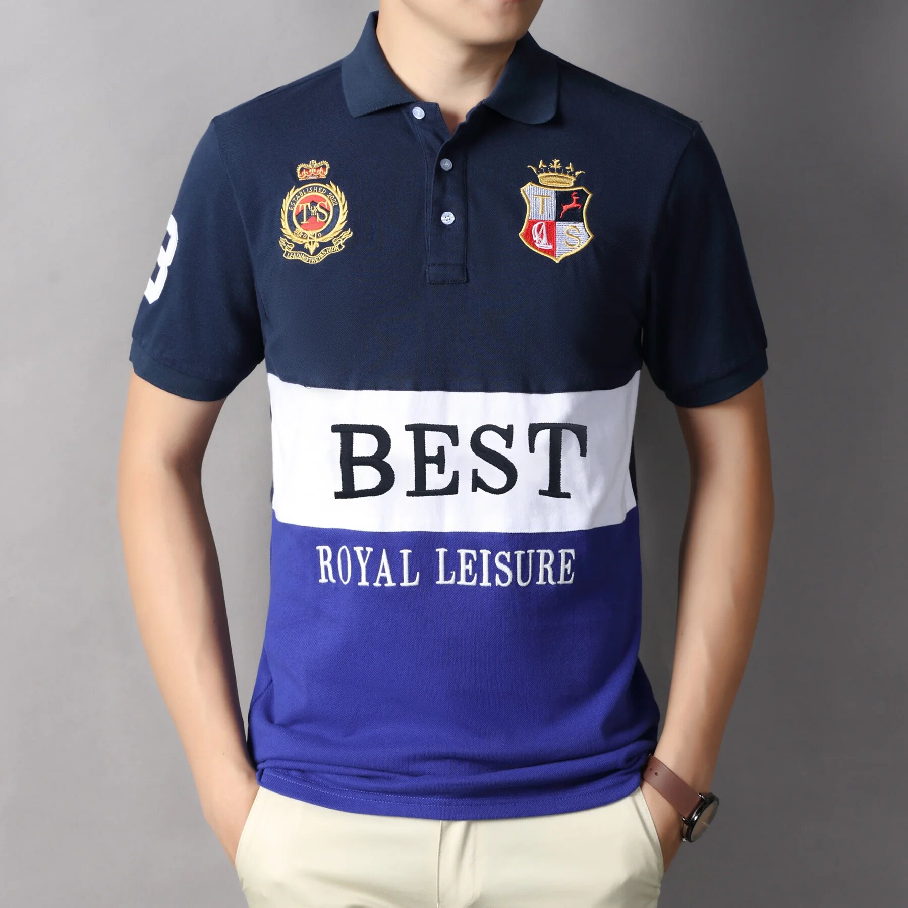 Мужская поло LI Mall с вышивкой и контрастным дизайном: классический slim-фасон, хлопок POLO, Чистый цветblue_4XL