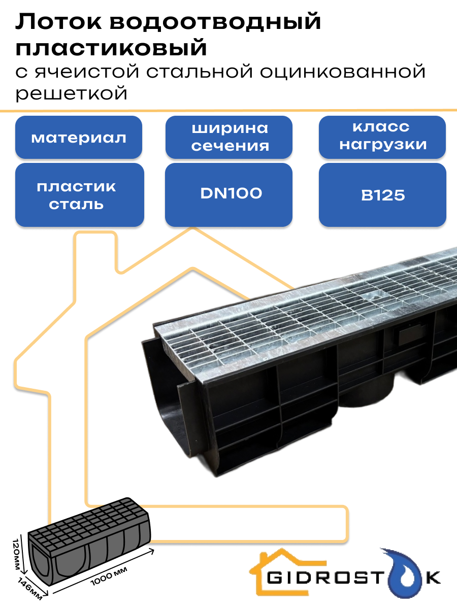 Лоток пластиковый DN100 H120 мм с ячеистой стальной оцинкованной решеткой и крепежом класс B125