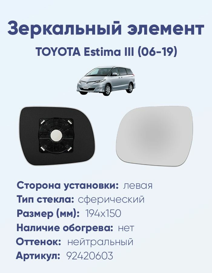 Зеркальный элемент левый TOYOTA Estima III (06-19) сфера нейтральный без обогрева