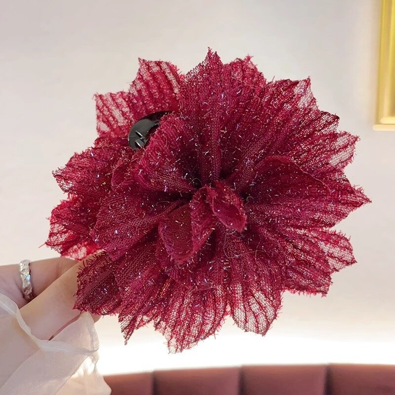 Заколка-пластина "Цветок розы", винно-красная, с зажимом, для волос