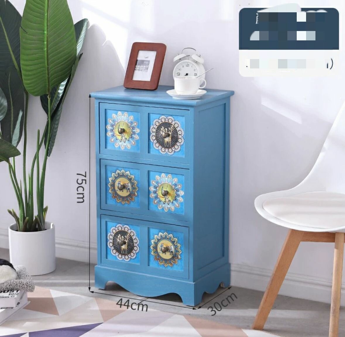 Комод, дерево, этнический стиль, синий, с ящиками, 44x30x75см