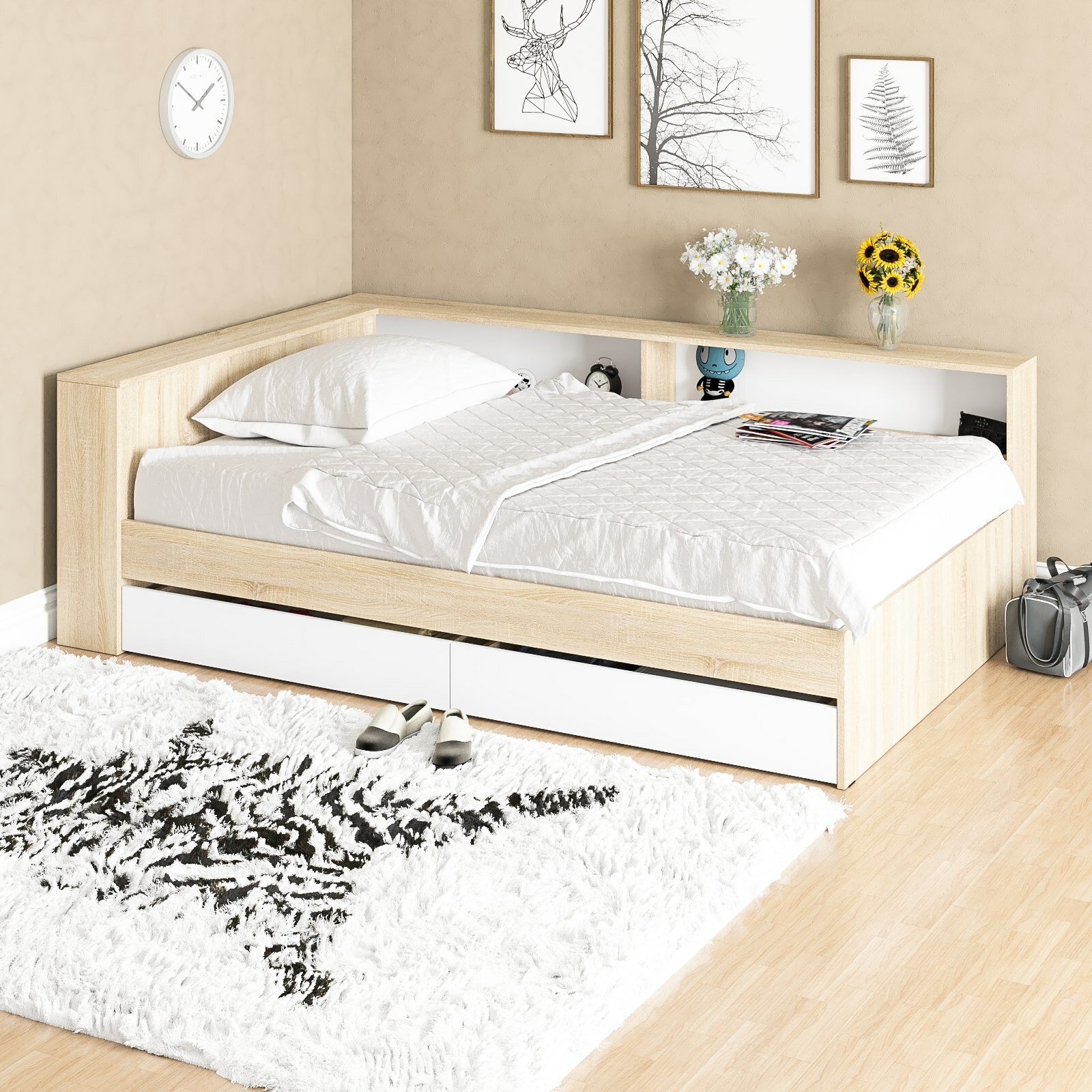 Кровать СВК Ксения 1200 с ящиками и блоком с полками, цвет дуб сонома/белый, 148х221,6х72 см.