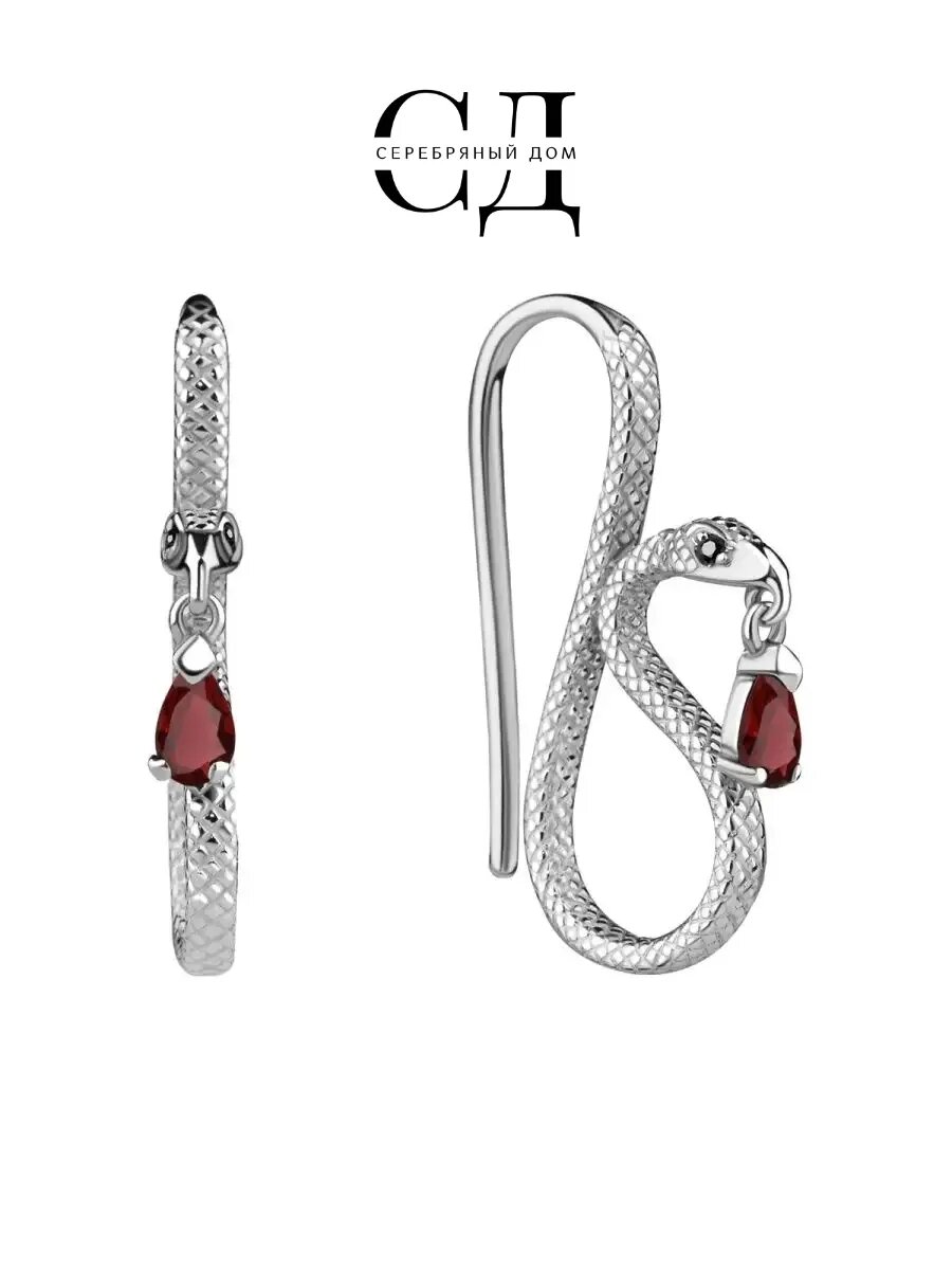 Серьги, серебро, 925 проба, родирование, фианит, гранат