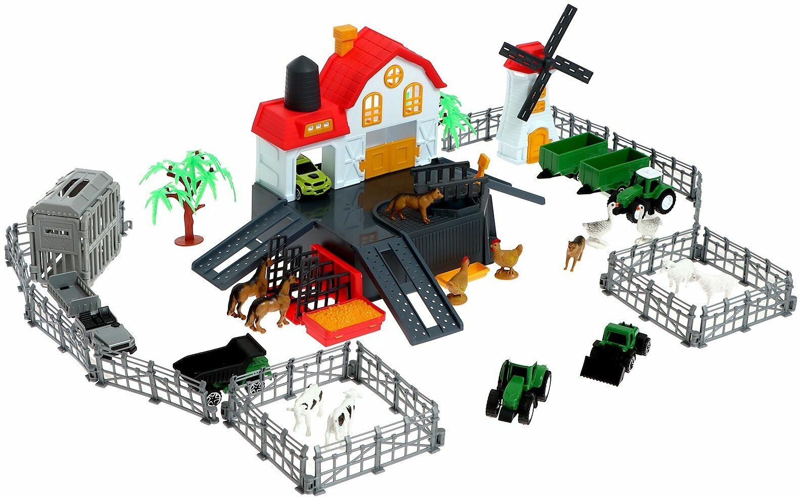 Детский игровой набор "Ферма", в наборе парковка, машинки, фигурки животных, амбар, вольеры и аксессуары