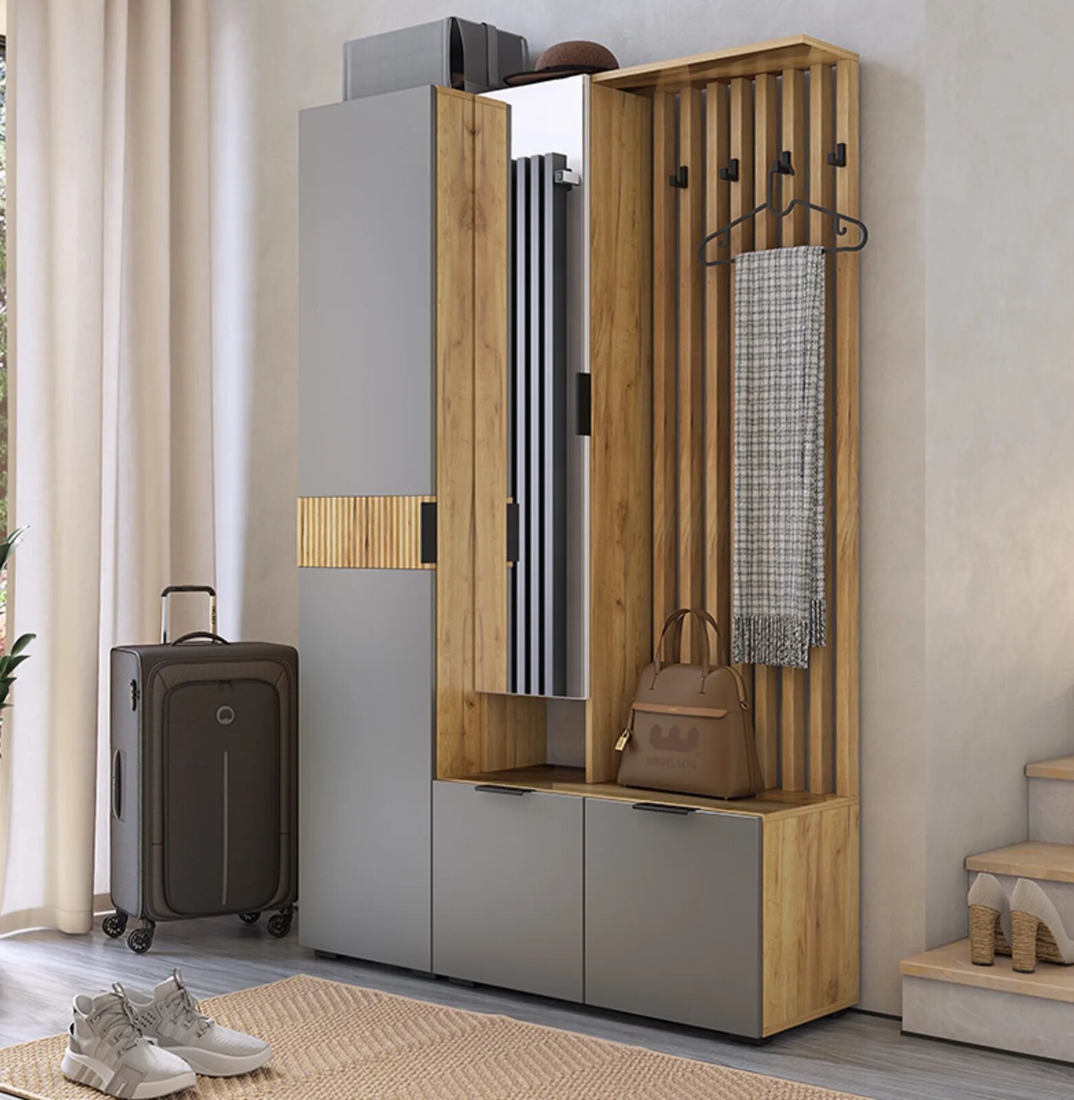 Прихожая «Бери К2», дуб крафт золотой/графит (1200х350х1826)