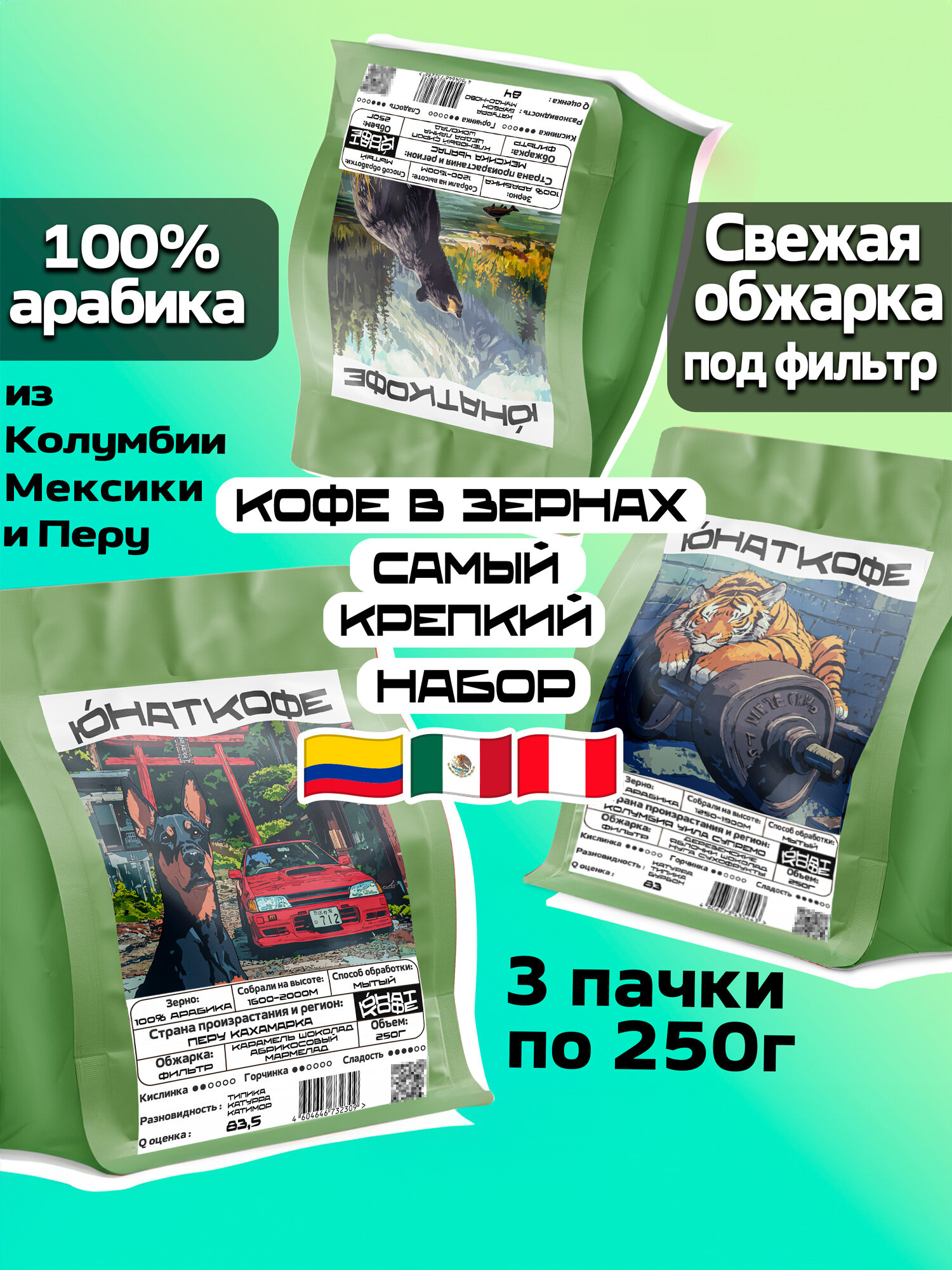 Набор кофе в зернах Самый Крепкий 250г х 3шт, светлая свежая обжарка, натуральный, Колумбия Уила Супремо, Мексика Чьяпас, Перу Кахамарка, 100% арабика