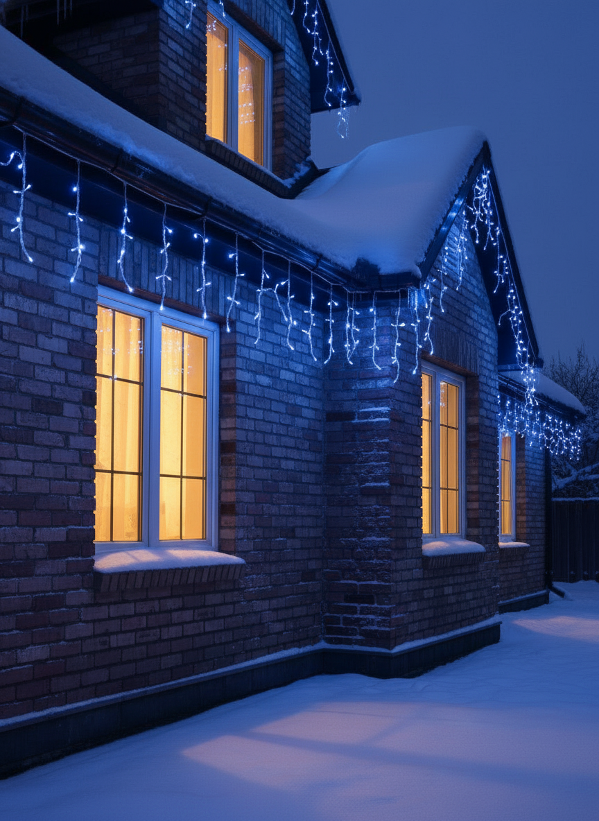 Новогодняя гирлянда уличная Карниз, 544 LED, синий/белый мерцает, белый провод, соединяемая, 25 м, нити 80 см