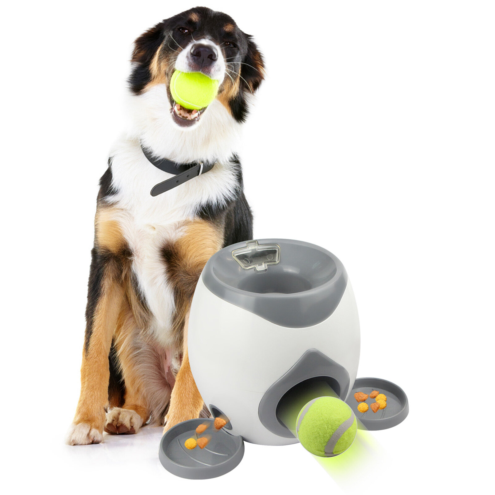 Dog Treat Dispenser Игрушка для собак Автоматическая машина для лакомств и мячей для тренировки собак Белый Серый Размер 18*18.5cm Материал ABS PC В комплект входят 1* Dog treat dispenser 2* Мяч 1* Лопата