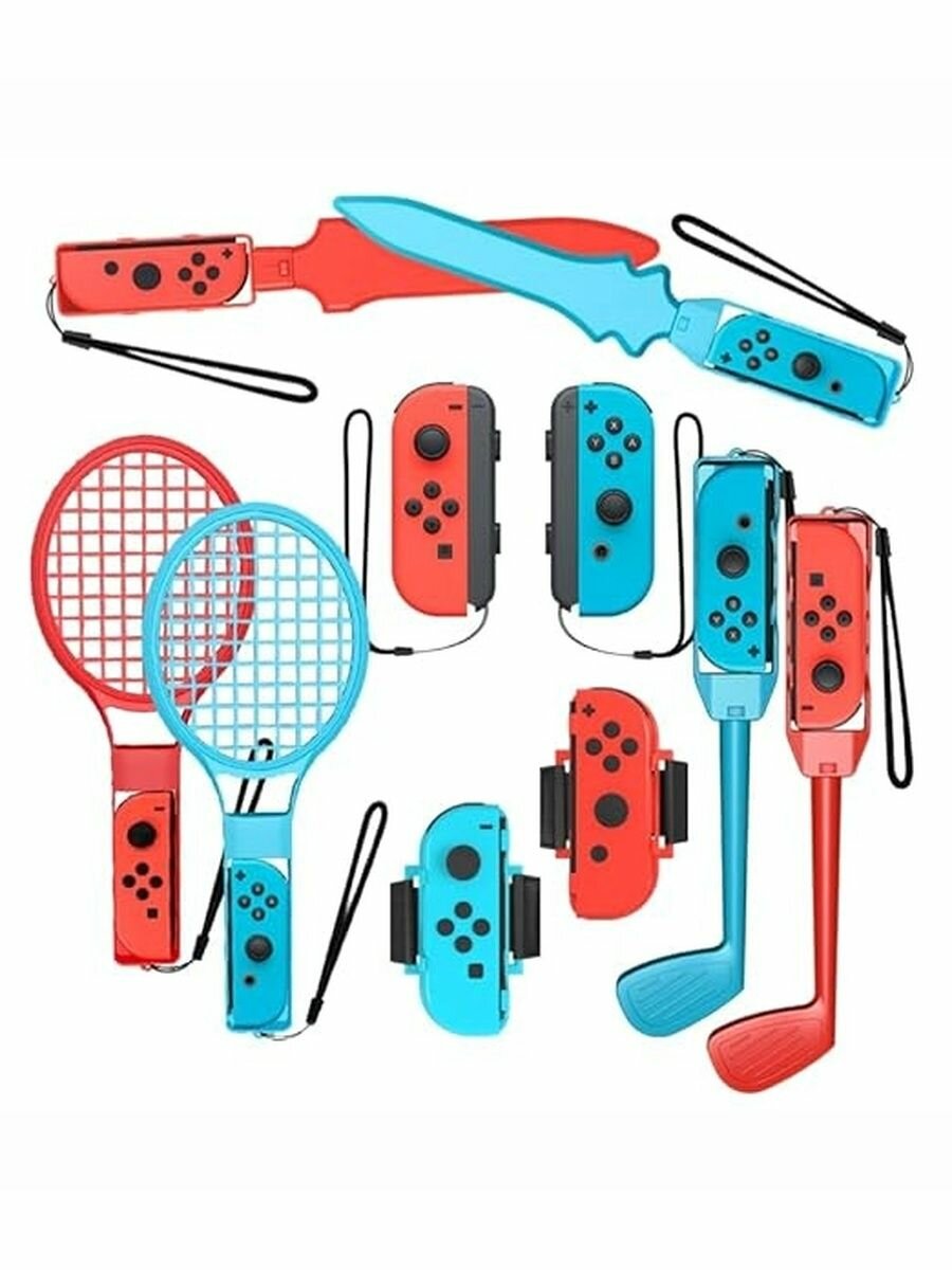 Набор спортивных аксессуаров 10 в 1 для Nintendo Switch Joy-Con включает теннисные ракетки, клюшки для гольфа, футбольные ремни для ног, мечи и браслеты для запястий