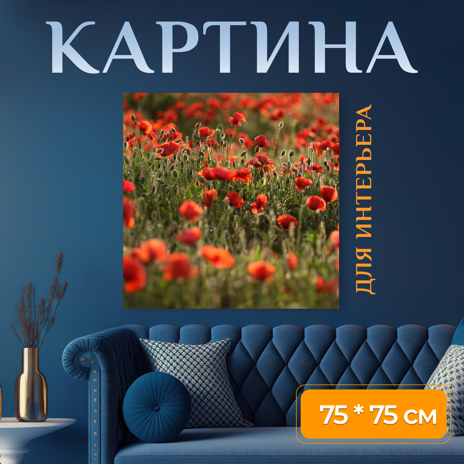 Картина на холсте "Маки, красный, простой" на подрамнике 75х75 см. для интерьера