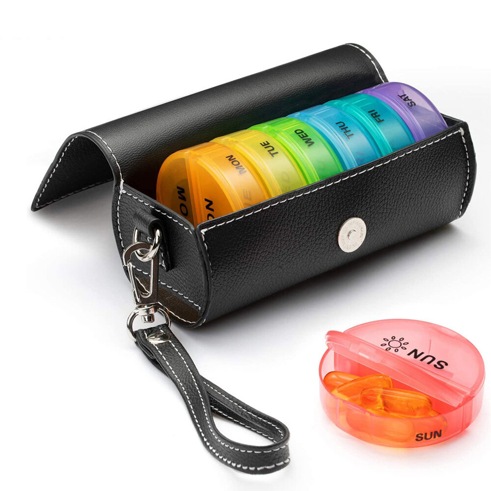 Пластиковый контейнер для хранения лекарств с кожаным переносным сумочком, органайзер для таблеток на 7 дней, 14 ячеек, размер 14x7.5x6.5 см, материал пластик, вес 200 г, комплект 1 штука контейнера с 14 ячейками