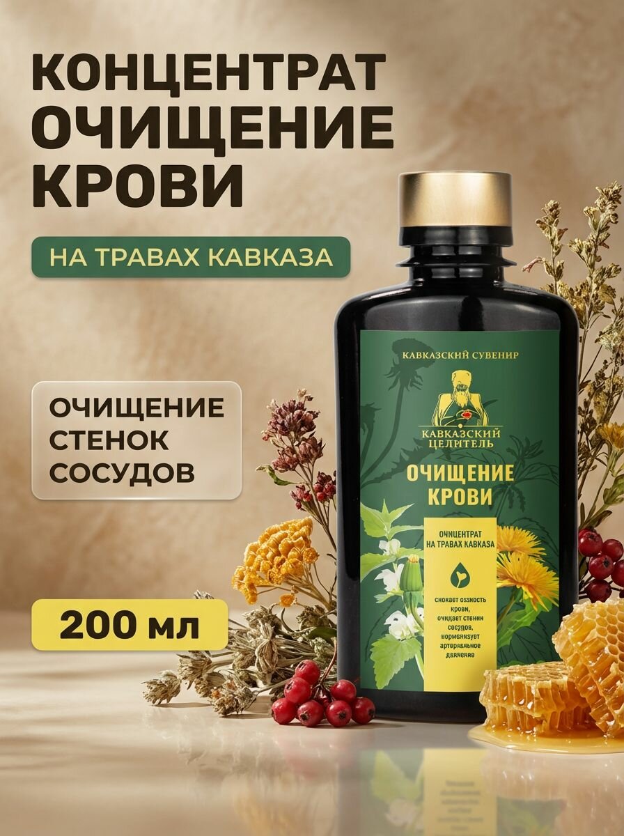 Концентрат на травах Кавказа для очищения крови и нормализации давления, 200 мл