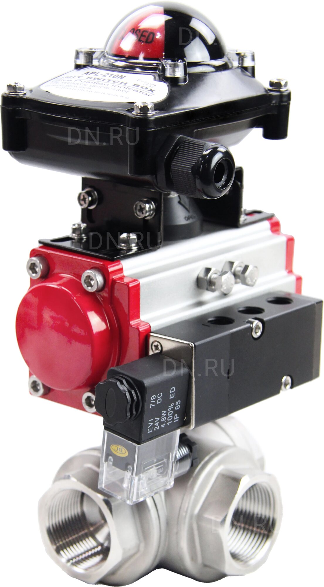 Кран шаровой DN.ru RP. SS316.200. MM.065-ISO Ду65 Ру40 стандартнопроходной трехходовой L-тип, нержавеющая сталь SS316, внутренняя резьба, уплотнение PTFE, с ISO-фланцем пневмоприводом SA-105, пневмораспределителем 220VAC и БКВ LSB-210